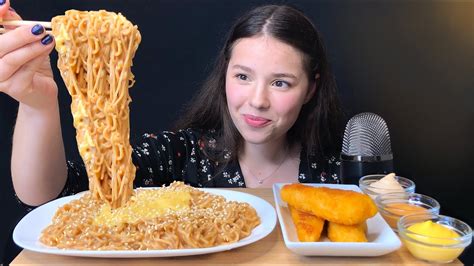 Asmr Cheesy Noodles And Chicken Strips Mukbang Eating Sounds Youtube