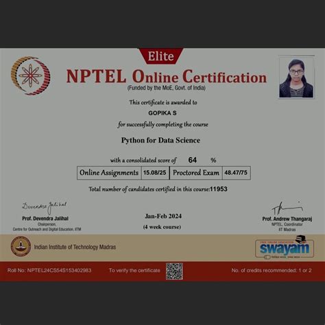 gopika s on linkedin elite certificate in nptel in the course python
