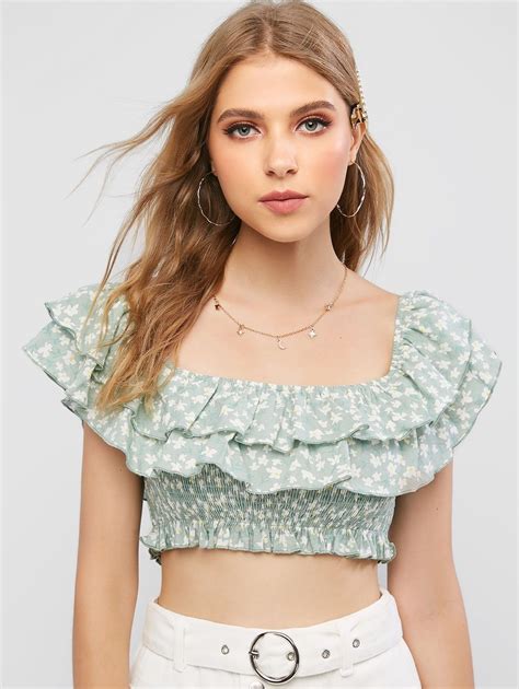 Zaful Flower Smocked Flounce Crop Blouse Cyan Opaque Affiliate