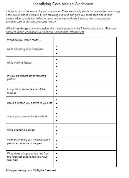 Identifying Core Values Worksheet Happiertherapy