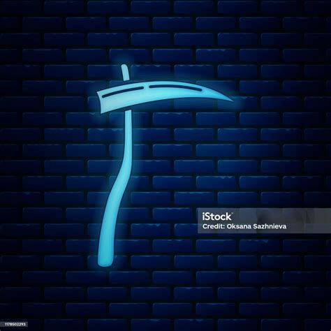 Gloeiende Neon Scythe Icoon Geïsoleerd Op Bakstenen Muur Achtergrond