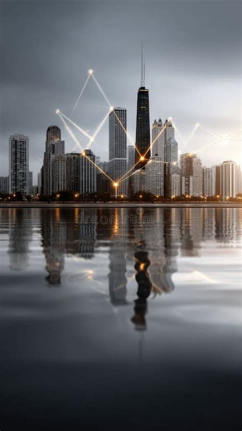 City Skyline At Dusk Displaying Glowing Buildings And Dynamic Data Flow Lines Showcasing A