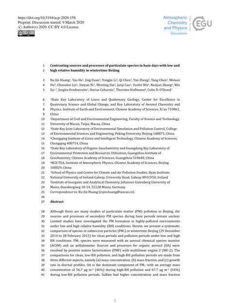 Pdf Contrasting Sources And Processes Of Particulate Species In Haze Days With Low And High