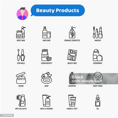 뷰티 제품 얇은 라인 아이콘 세트 스킨 케어 크림 젤 유기농 화장품 메이크업 비누 디스펜서 네일 케어 뷰티 박스 데오도란트 얼굴 오일 스크럽 샴푸 시트 마스크 벡터