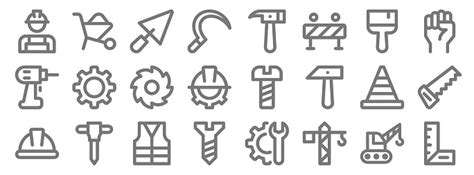노동일 선 아이콘 선형 집합입니다 눈금자 크레인 나사 보안 헬멧 교통 콘 원형 톱 손을 들어 올리고 망치 수레와 같은 품질 벡터 라인 세트 나사에 대한 스톡 벡터 아트 및