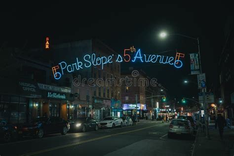 Park Slopes 5th Avenue Sign At Night Brooklyn New York Editorial
