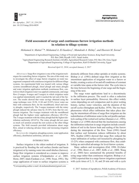 Pdf Field Assessment Of Surge And Continuous Furrow Irrigation Methods In Relation To Tillage