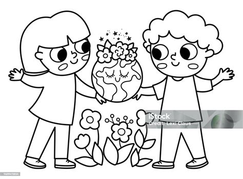 귀여운 흑백 친환경 아이들이 웃는 지구를 손에 들고 있습니다 행성과 환경을 돌보는 라인 소년과 소녀 지구의 날 그림 아이들과