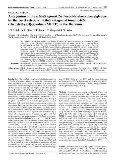 PDF Antagonism Of The MGlu5 Agonist 2 Chloro 5 Hydroxypheylglycine By