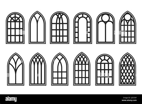 Gothic Windows Outline Set Silhouette Of Vintage Stained Glass Church