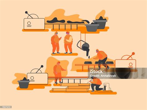 금속 생산 제조 중공업 야금 개념 공장에서 광산 및 제조 원료 광석의 공정 강철 주조 및 용접 공장에서 작동합니다 만화 플랫 벡터 일러스트 강철에 대한 스톡 벡터 아트 및