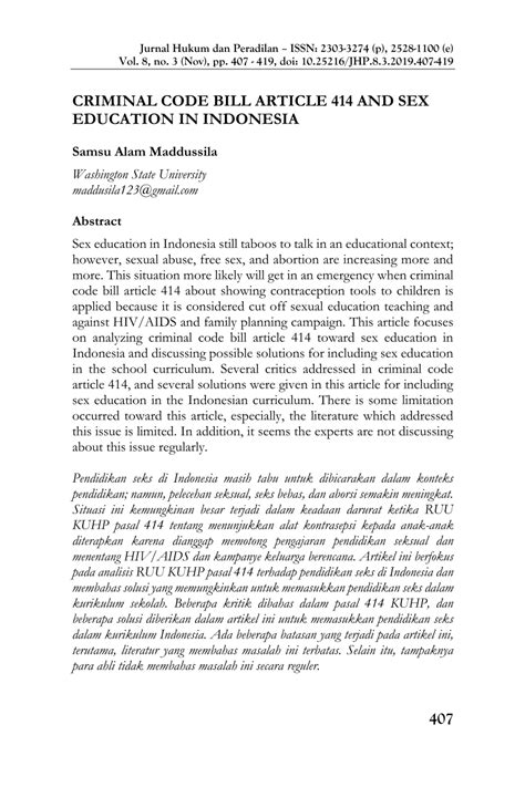 Pdf Criminal Code Bill Article 414 And Sex Education In Indonesia