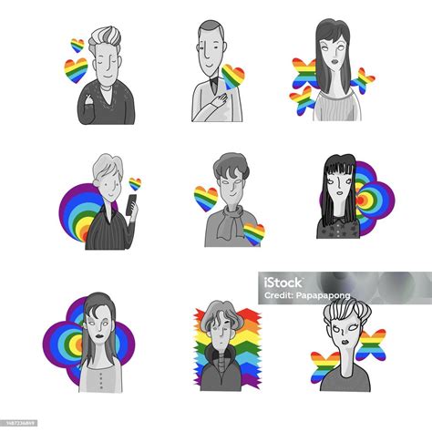 손으로 그린 낙서 사람들 무지개 자부심 배경에 흑백 색상 미니멀리스트 스타일 Lgbt 프라이드의 달에 대한 스톡 벡터 아트 및