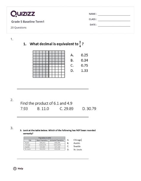 Decimal Questions For Grade Grade Baseline Test T Worksheet