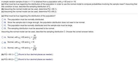 solved a simple random sample of size n 11 is obtained from