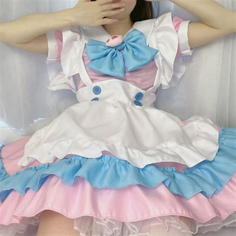 Women Maid Outfit Anime Cute Cat Pink Blue Lace Trim Apron Cat Paw