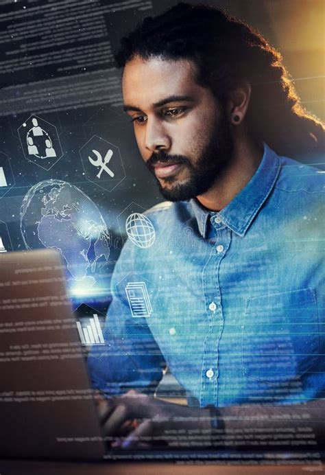 Black Man Coding And Global Network With Icons Laptop And App With