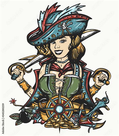 Pirate Girl Crime Sailor Woman Portrait Pin Up Style Old School