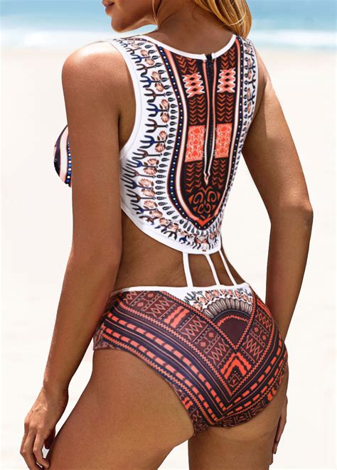 Rotita Ladder Cutout Pink African Tribal Print One Piece Swimwear