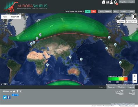 世界中のオーロラが見える地域を可視化したマップが見れるwebサービス 『aurorasaurus』 Pcあれこれ探索