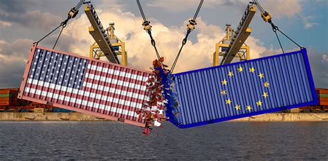 미국과 유럽 연합 사이의 무역 대립 개념 유럽 연합 과 미국의 국기와 용기의 충돌 3d 렌더링 미국에 대한 스톡 사진 및 기타 이미지 Istock