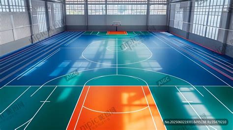 Ai创作图室内 篮球场 地板 蓝色 绿色 橙色 线条 场地 窗户 场馆 运动 体育 空间 光线 建筑 昵图网