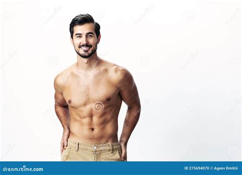 Male Athlete Model With Naked Torso And Packs Of Abs Sporty On White