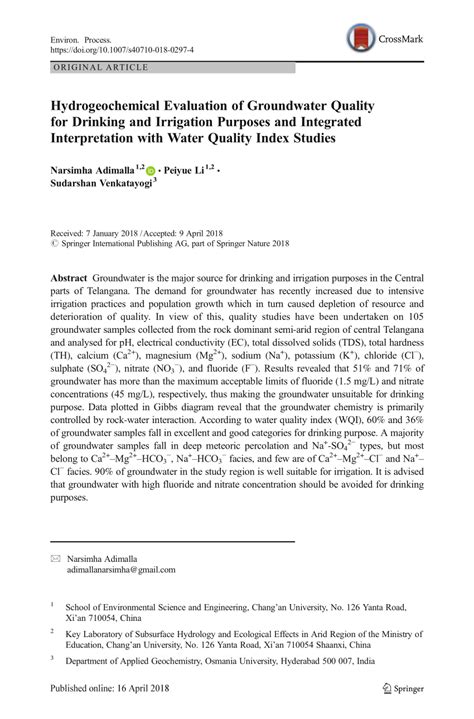 Pdf Hydrogeochemical Evaluation Of Groundwater Quality For Drinking