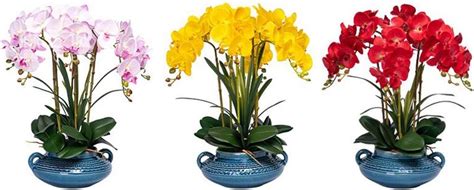 SOSSEG Flores artificiales de orquídea falaenopsis flores de orquídea sintética con jarrón de