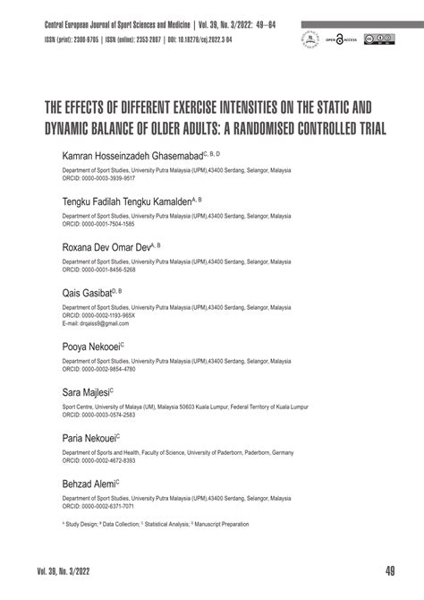 Pdf The Effects Of Different Exercise Intensities On The Static And Dynamic Balance Of Older