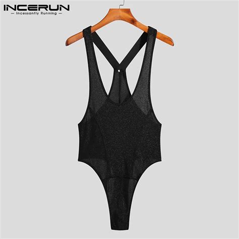 Incerun 남성용 단색 2023 민소매 바디수트 스키니 아늑한 속옷 멜빵 롬퍼 얇은 잠옷 섹시한 남성용 바디수트 S