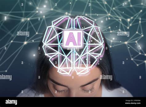 Artificial Intelligence Illustration Of Glowing Brain With Ai Abbreviation Over Woman On Color