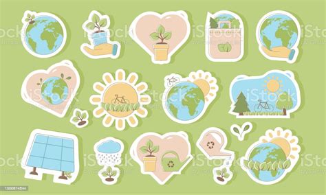 스티커 세트 지속 가능한 개발 지구의 날과 세계 환경의 날을 위한 지속 가능한 생태의 개념 기후 묘사에 대한 스톡 벡터 아트 및 기타 이미지 Istock