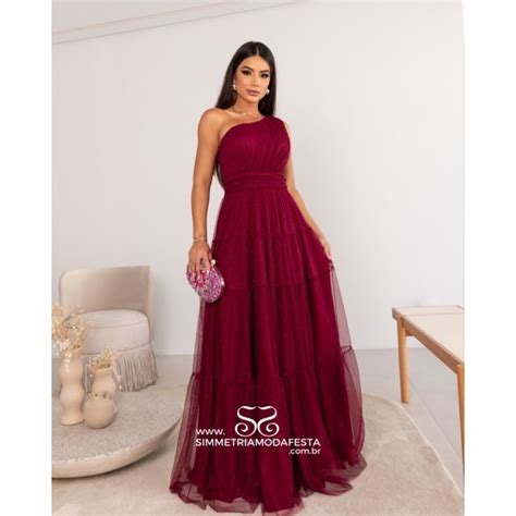 VESTIDO MARSALA OMBRO SÓ CAP DRESS SAIA TRÊS MARIAS EM TULE DE CRISTAL