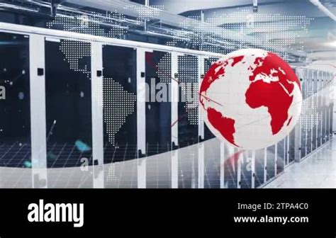 Animation Of Rotating Globe Map And Connected Dots Over Data Server