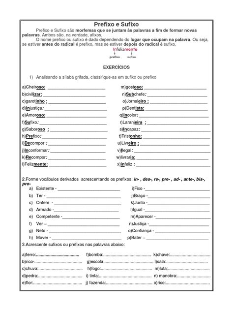 Exercícios Prefixo E Sufixo Pdf Famílias Linguísticas Morfologia