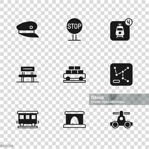 鉄道トンネル地図手押し車輸送貨物列車ワゴンオンラインチケット予約列車の運転手の帽子一時停止標識待合室のアイコンを設定しますベクトル