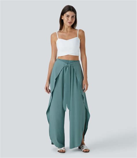 Womens Breezeful™ High Waisted Tie Front Palazzo Flowy Split Wide Leg