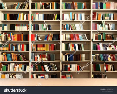 Empty Wooden Table Library Mockup Design Stock Photo 1462806200