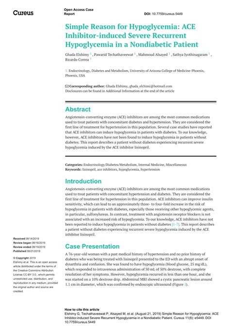 Pdf Simple Reason For Hypoglycemia Ace Inhibitor Induced Severe Recurrent Hypoglycemia In A