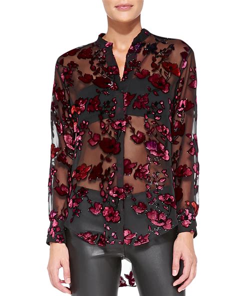 Alice Olivia Sheer Floral Velvet Burnout Blouse In Black Red Lyst