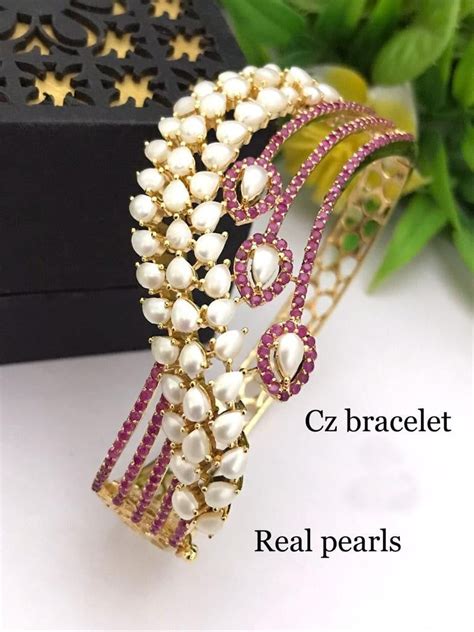 American Diamond Cz Real Pearls Ruby Openable Bracelet