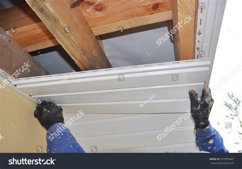 Install Soffit Roofing Construction Soffit Fascia Foto Stok 355095683