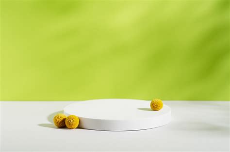 텅 빈 흰색 둥근 연단 노란 꽃 밝은 녹색 배경에 부드러운 그림자 제품 프레젠테이션을 위한 쇼케이스 뷰티 광고를 위한 받침대