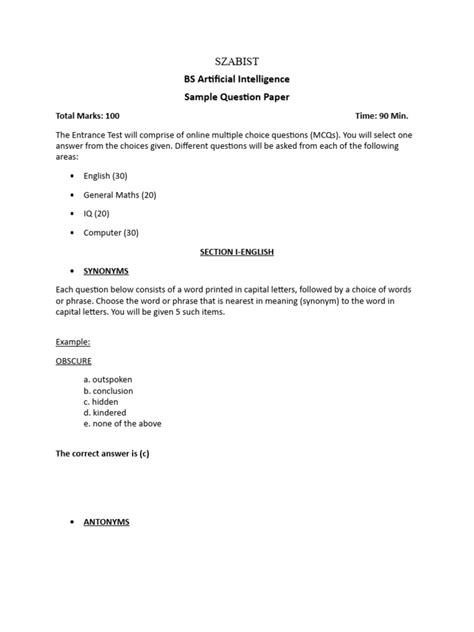 Bs Artifical Samplepaper Pdf Numbers Operating System