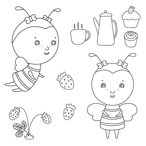 두 가지 포즈 주전자와 컵 베이커리 딸기로 꿀벌과 함께 설정합니다 벡터 개요 그림 프리미엄 벡터