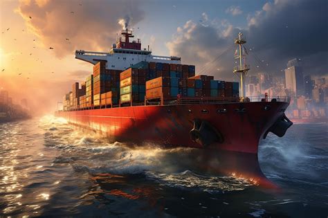Premium Ai Image Container Ship Navigating Narrow Waters