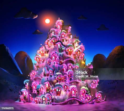 크리스마스 숲과 산으로 장식된 요정 마을의 야경 조명이 있는 아름다운 집들 3차원 연출 일러스트 배경 주제에 대한 스톡 사진 및 기타 이미지 Istock