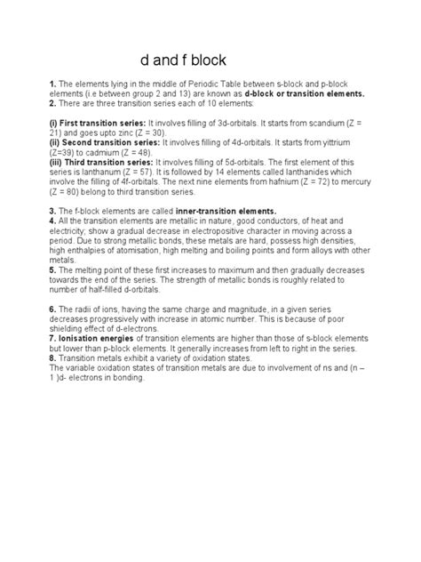 D And F Block Sheet Pdf Transition Metals Lanthanide