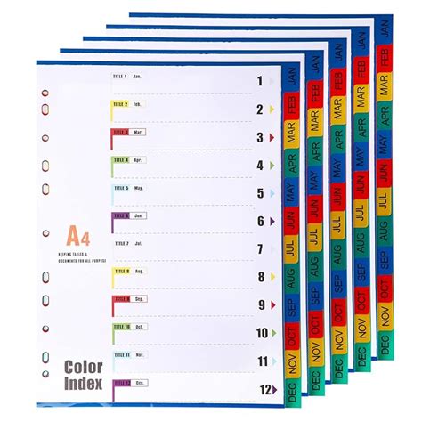 Buy A4 File Dividers 12 Part Index Jan Dec 5 Pack A4 Plastic Binder Dividers Multi Punched 11